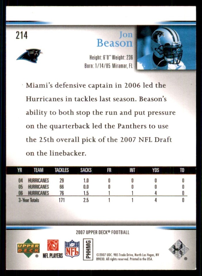 2007 Upper Deck Star Rookie Exclusives Edition Jon Beason Panthers #214 ...