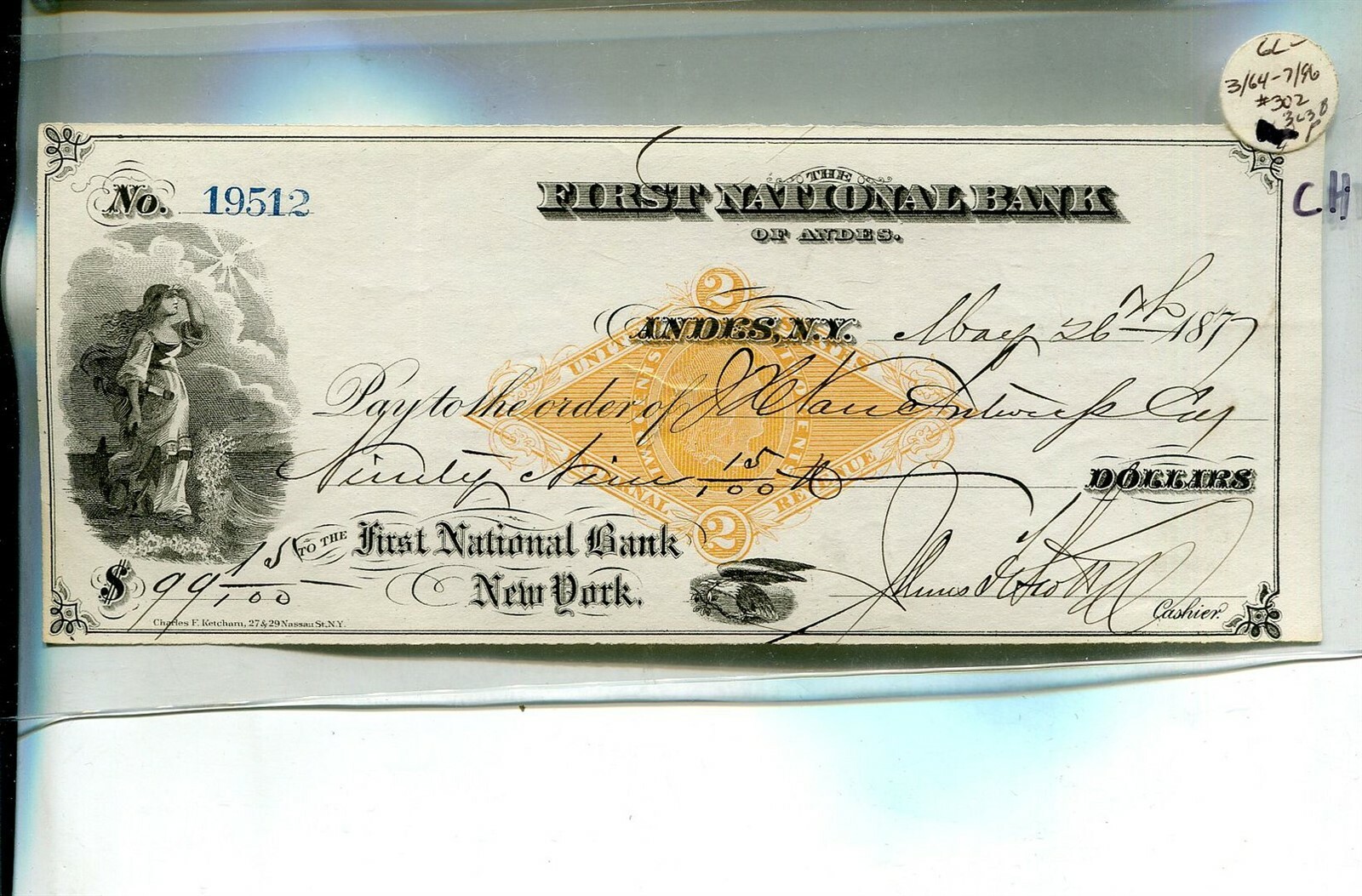 ANDES NEW YORK FIRST NATIONAL BANK CHECK 1877 | eBay