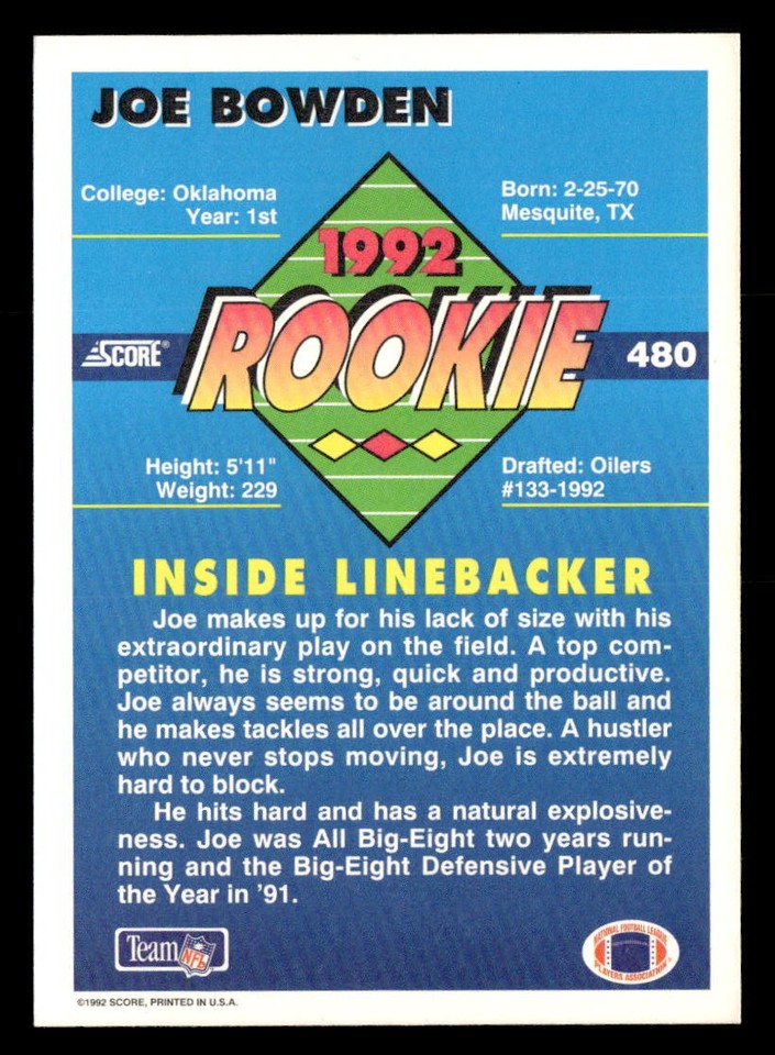 Joe Bowden 1992 Score Rookie Card #480 Houston Oilers | eBay