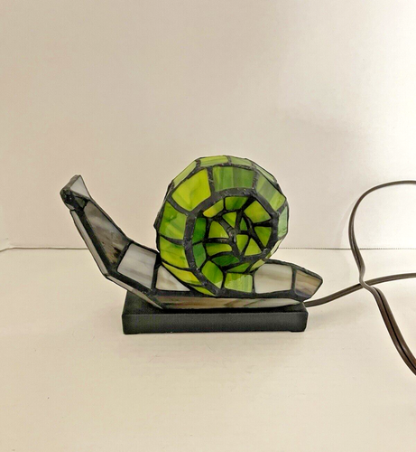 VTG Stained Glass Tiffany Style Green Snail Slug Night Light Table Lamp ...