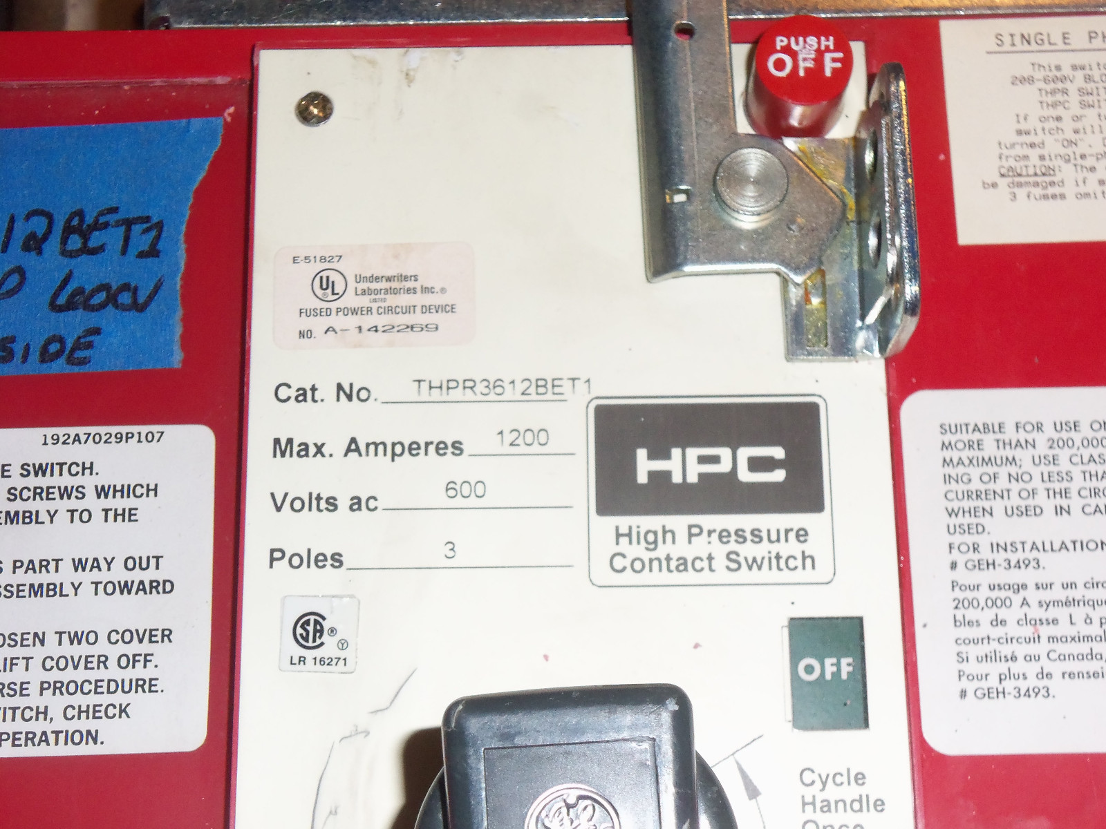 GE HPC HIGH PRESSURE SWITCH THPR3612BET1 3 POLE 1200 AMP 600V TOP | eBay