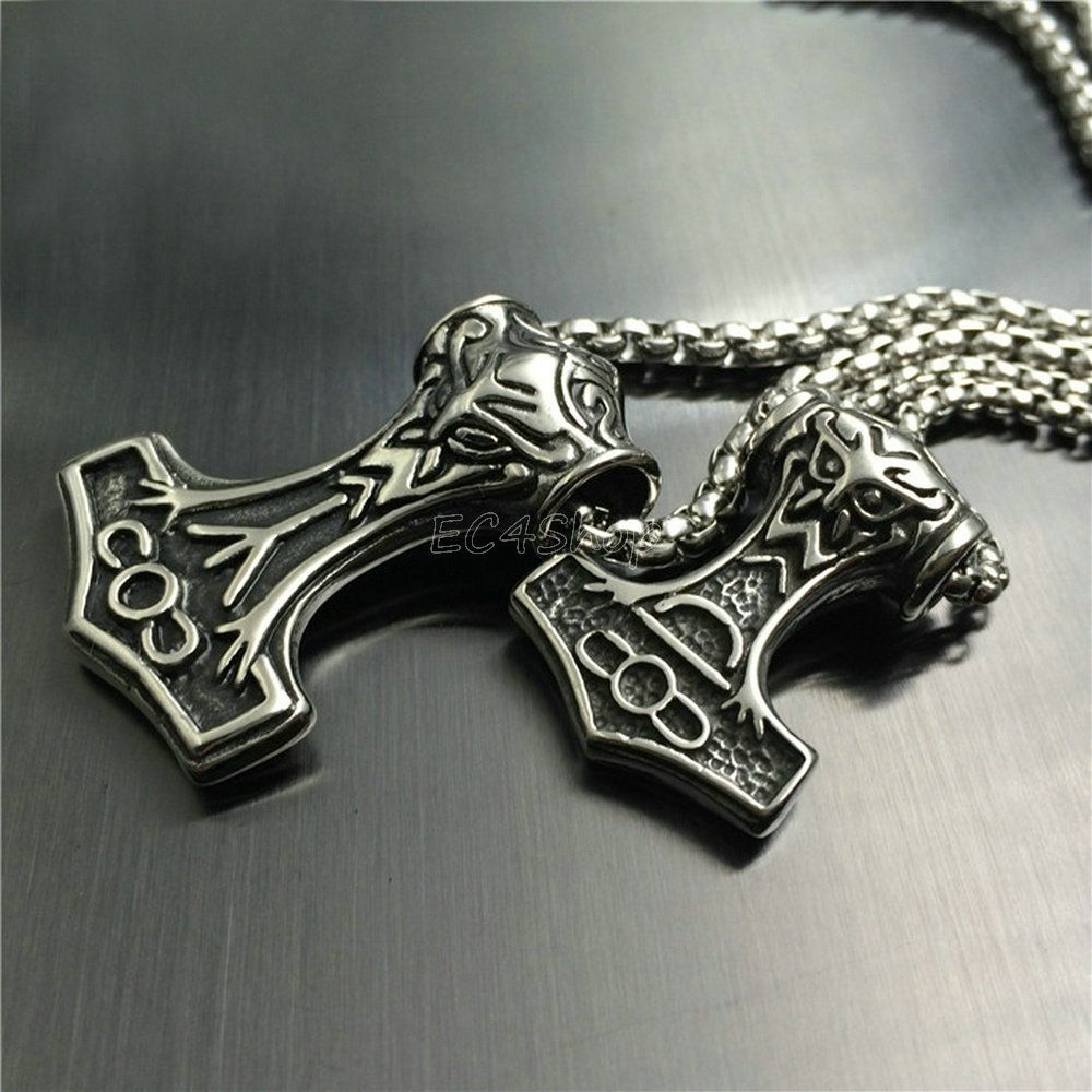 Men Retro Mjolnir Viking Thor's Hammer Stainless Steel Pendant Chain ...
