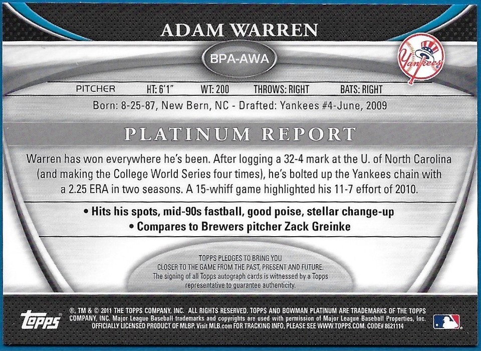 2011 BOWMAN PLATINUM "ADAM WARREN" PROSPECT ON CARD AUTOGRAPH CARD #BPA ...