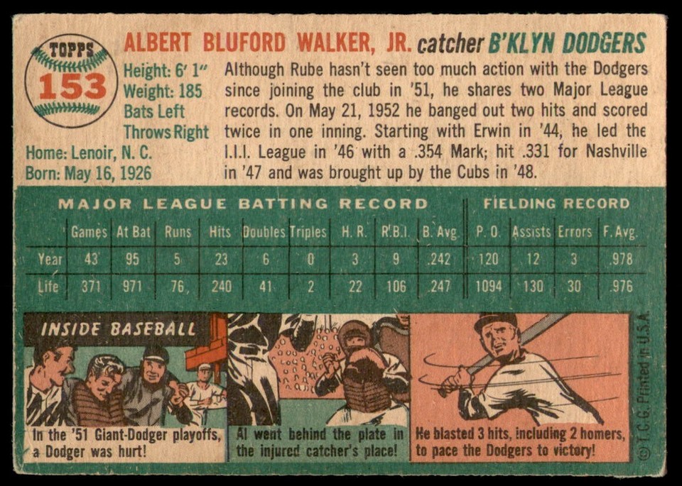 1954 Topps #153 RUBE WALKER Brooklyn Dodgers EX | eBay