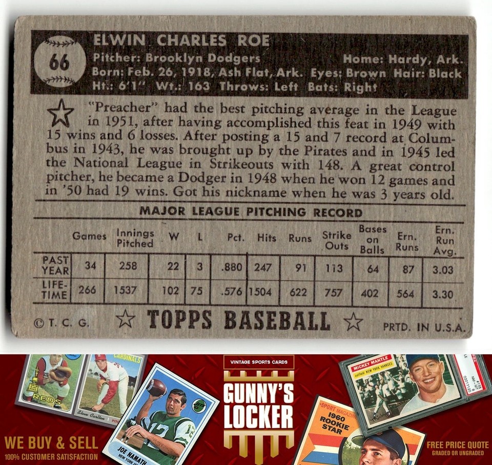 1952 Topps Preacher Roe 66 Brooklyn Dodgers | eBay