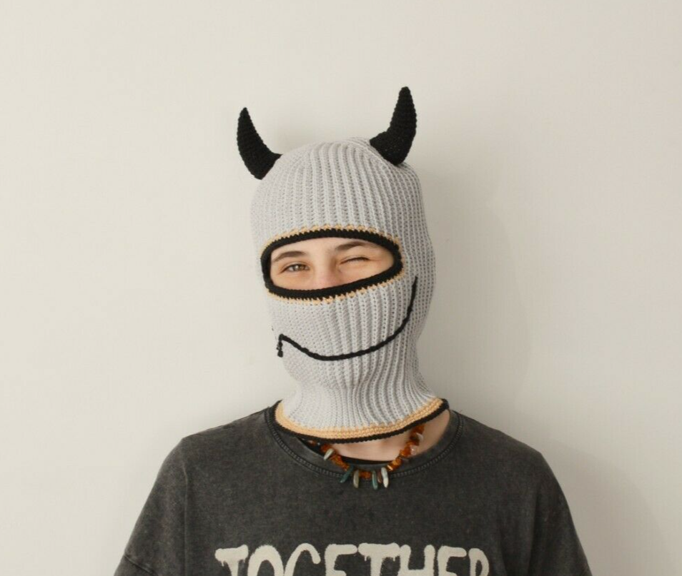 Devil knitted balaclava ski mask with horns men women Custom beanie hat ...