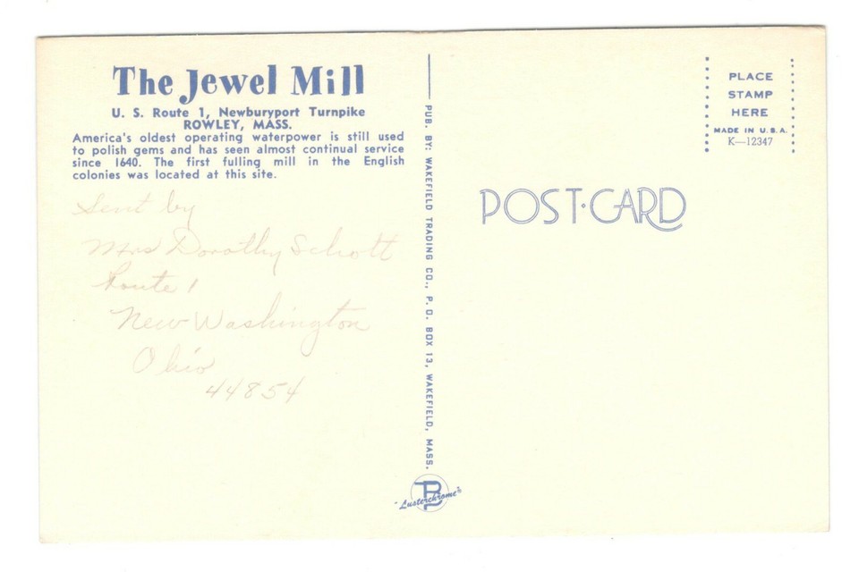 The Jewel Mill Rowley Massachusetts Vintage Postcard AF73 | eBay