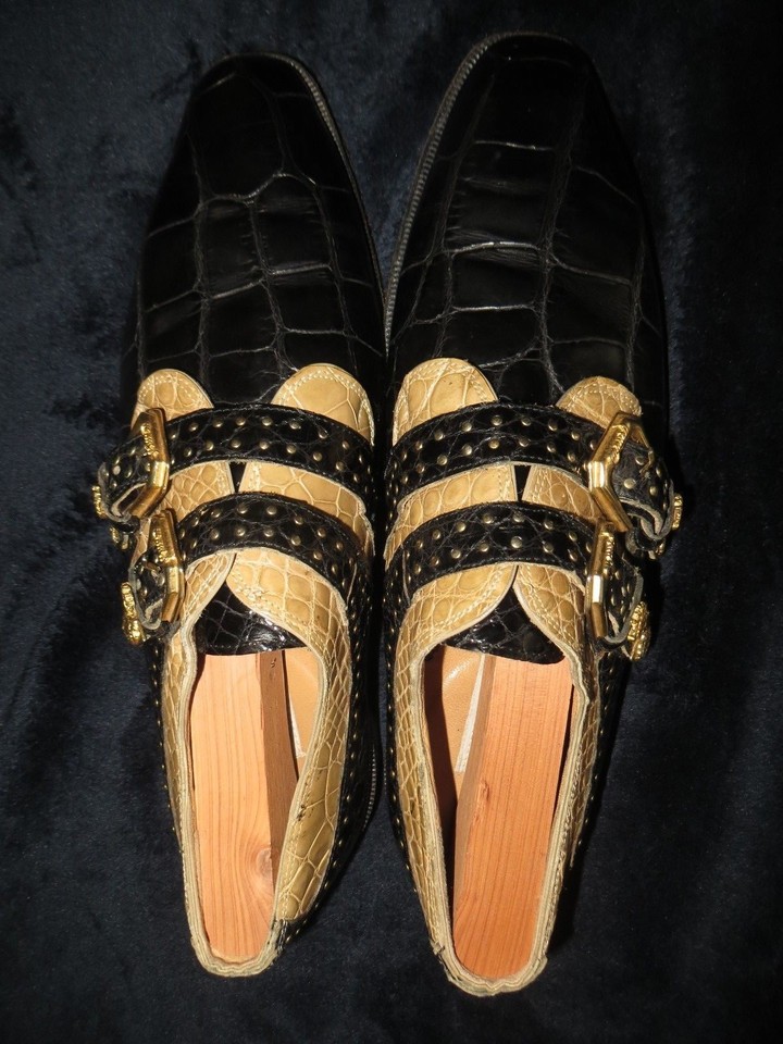 MAURI Italy Rare Alligator Black Gold Medusa Double Monk Strap Loafer ...
