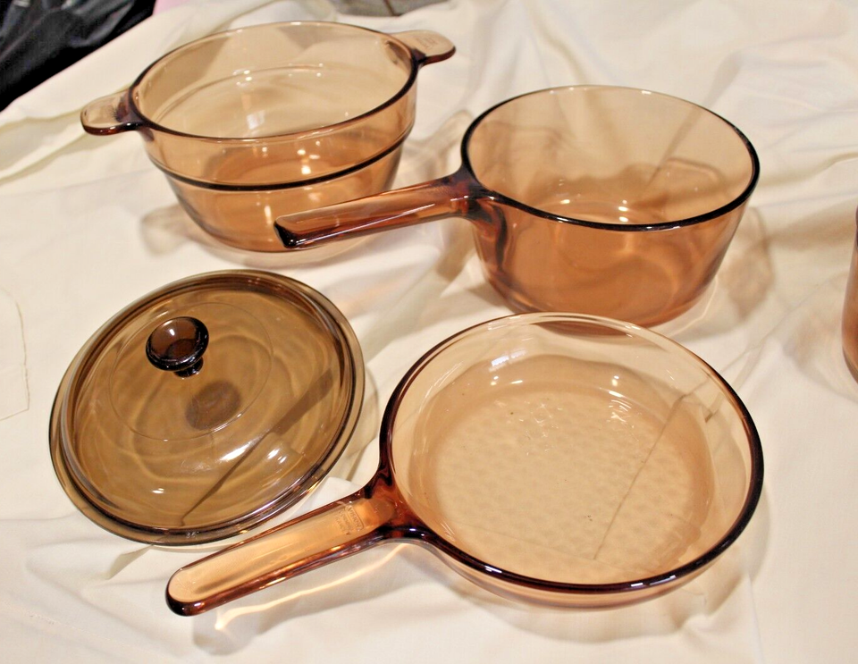 VTG CORNING VISION Pyrex Amber Cookware 10 Piece Lot Pots Lids USA ...