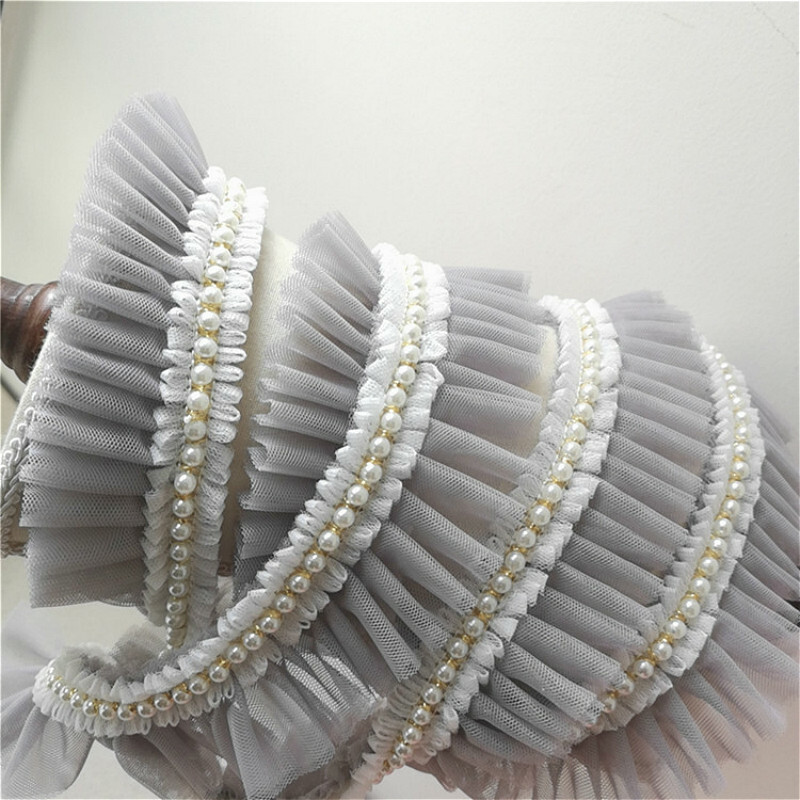 2M Pearl Beaded and Lace Net Ruffle Edge Frill Sewing Trim Dress Craft ...