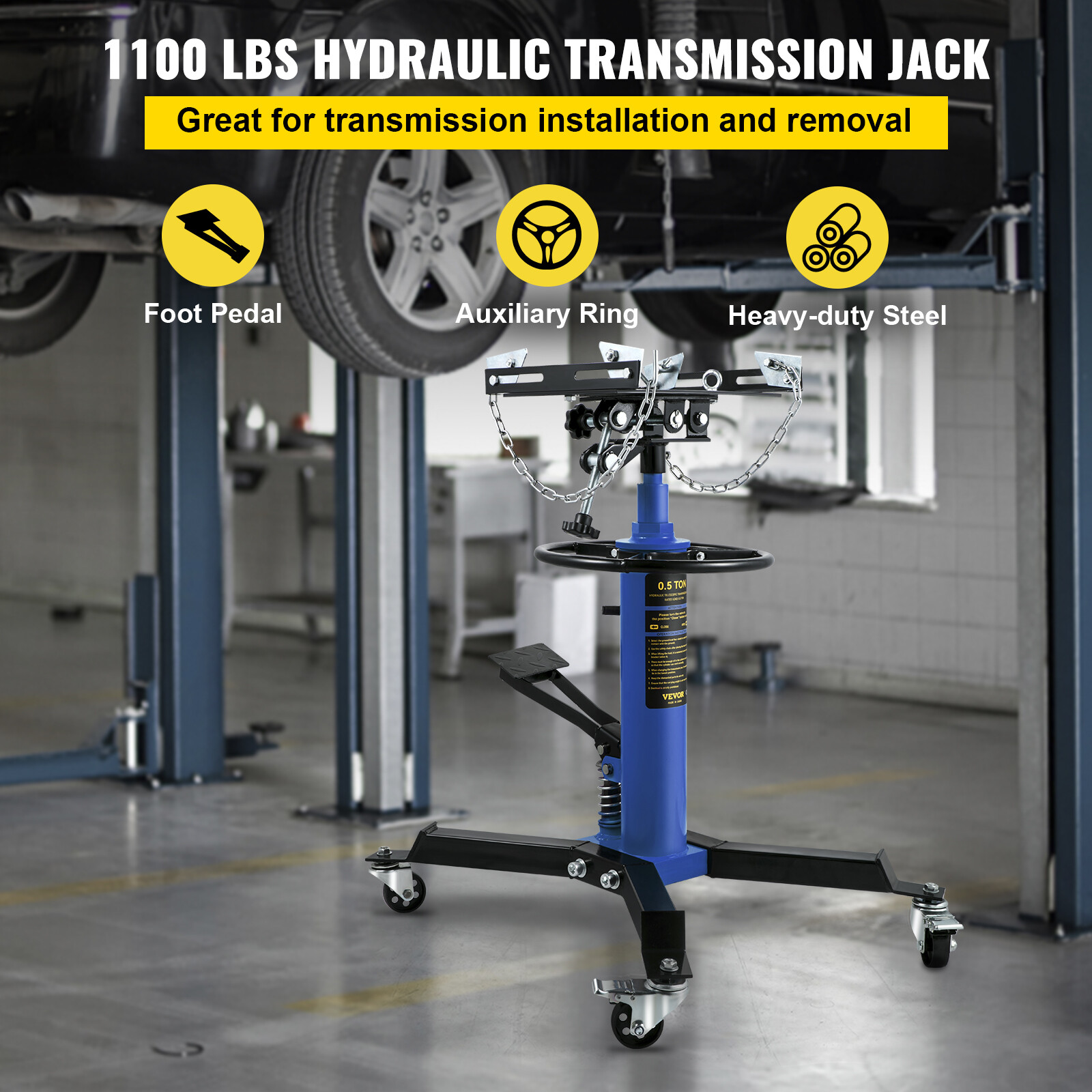 1100 LBS 2 Stage Hydraulic Transmission Jack w/360°Swivel Wheel Lift ...