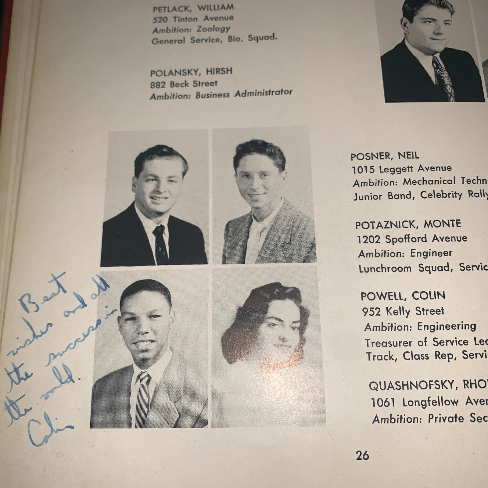 General COLIN POWELL 1954 Morris High School Yearbook Autograph Vintage ...