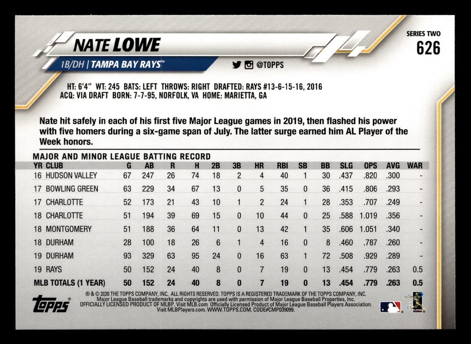 Nate Lowe 2020 Topps #626 Tampa Bay Rays Buy10get5FREE | eBay
