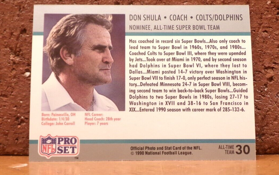 FOOTBALL CARD FRESH FROM BOX PRO SET SUPER BOWL SUPERMEN DON SHULA ...
