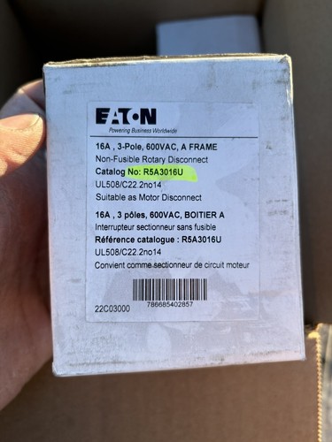 EATON R5A3016U ROTARY DISCONNECT 16A 3 POLE 600VAC A FRAME NON-FUSIBLE ...