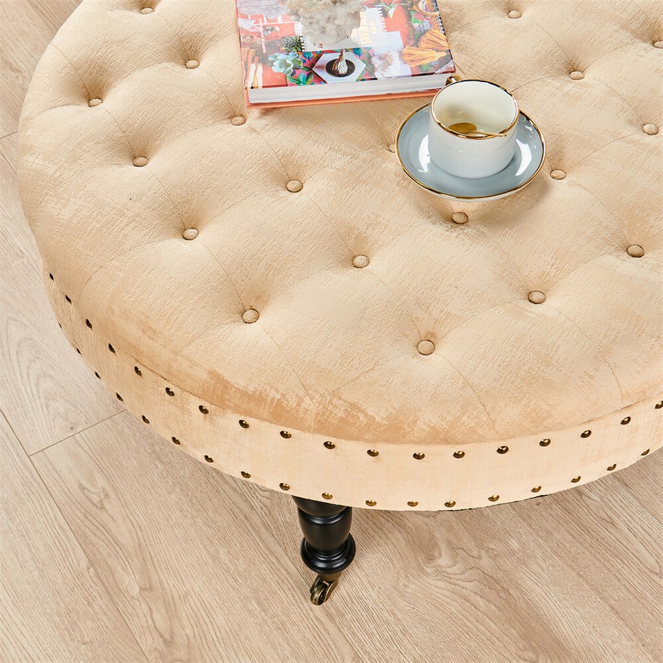 Large Upholstered Tufted Button Velvet Round Ottoman Coffee Table ...