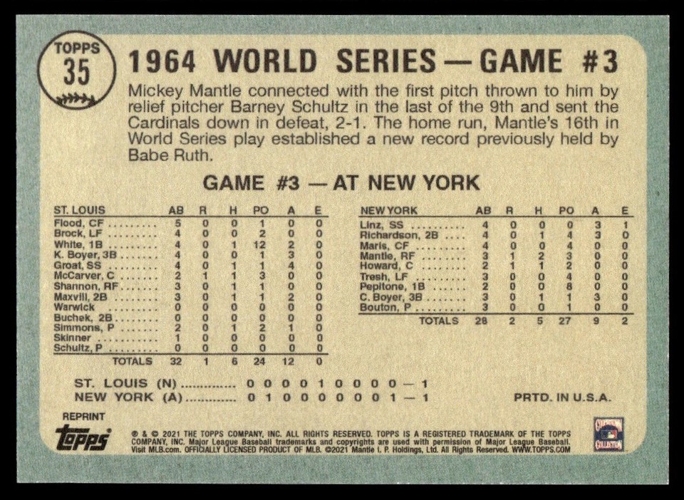 2021 Topps x Mickey Mantle Baseball 1965 World Series New York Yankees ...