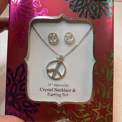 New Boxed 18” Adjustable Crystal Peace Sign Necklace & Earrings Set | eBay
