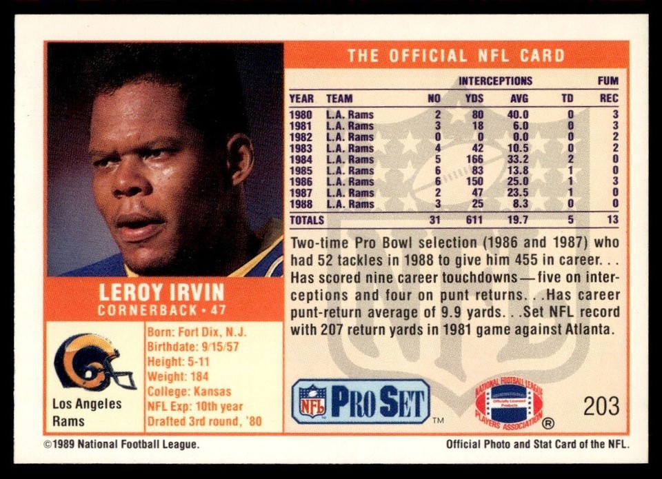 1989 Pro Set LeRoy Irvin Los Angeles Rams #203 | eBay