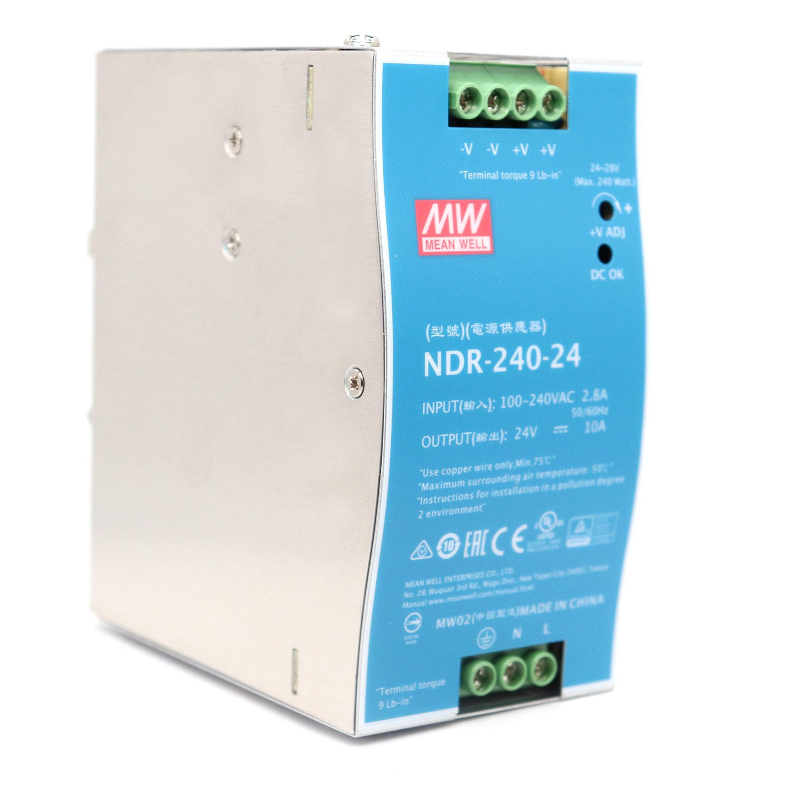 Mean Well NDR-240-24 240W 24VDC 10A AC/DC Industrial DIN Rail Power ...