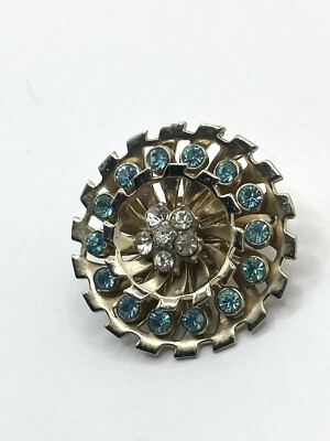 VTG CORO Gold Tone Blue & White Crystal Rhinestone Round Brooch Lapel ...