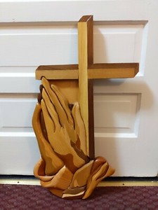 Wood Intarsia Hand Crafted Religious Cross Praying Hands Large Size Art ...