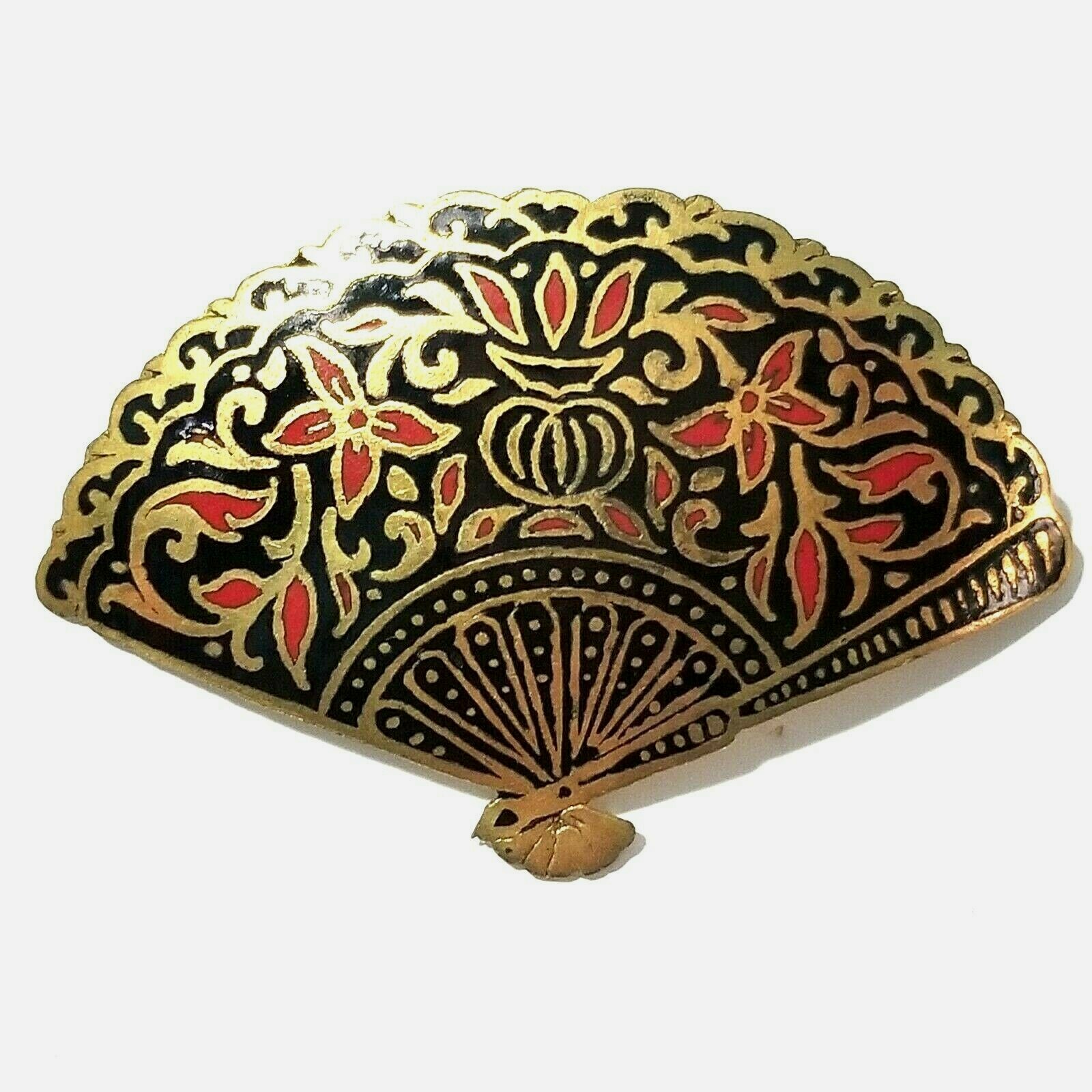 BRASS BLACK RED ENAMEL VINTAGE FAN PIN BROOCH ORNATE - Gem