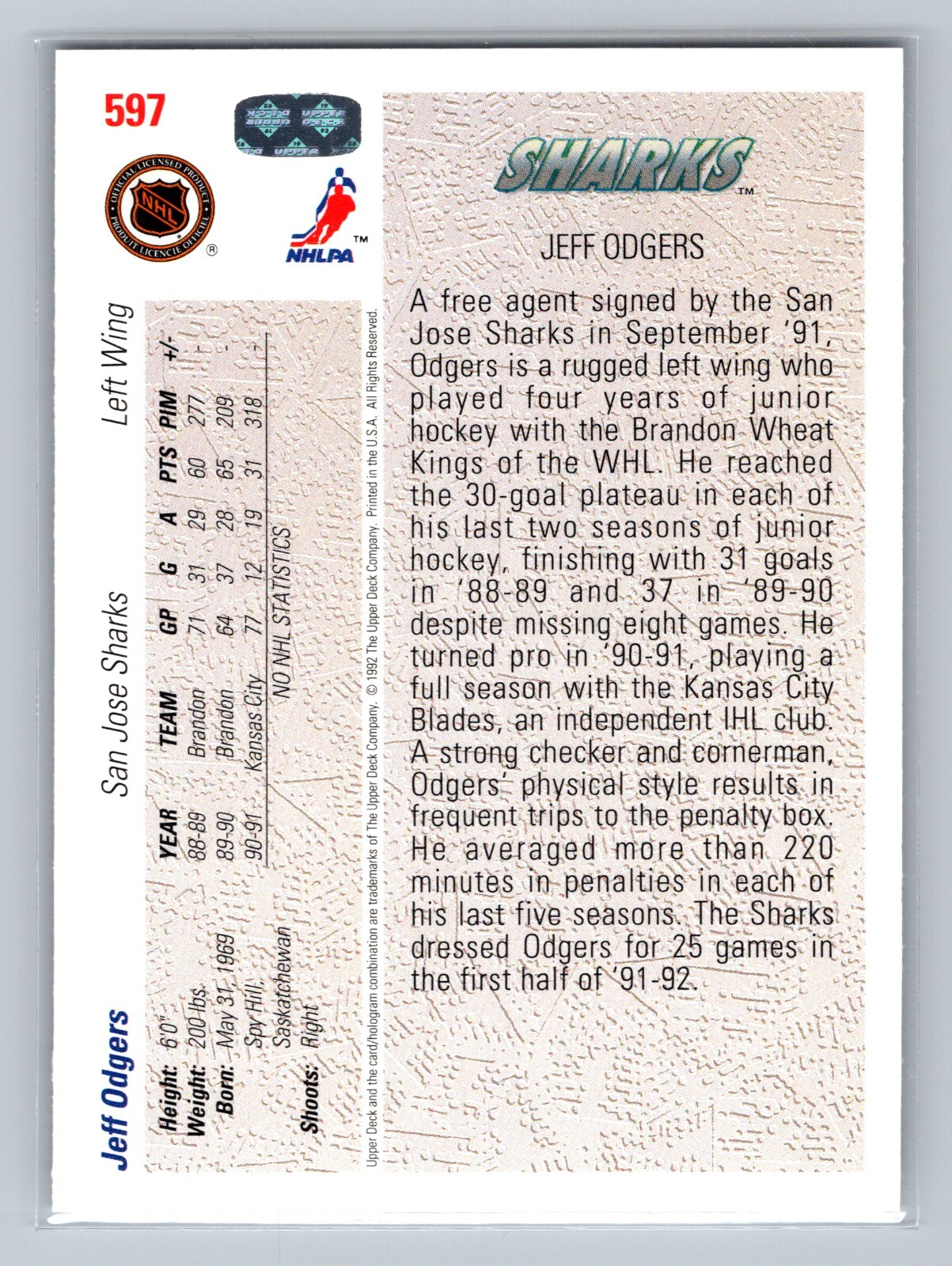 1991-92 Upper Deck - #597 Jeff Odgers (RC) for sale online | eBay