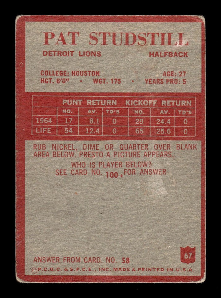 1965 Philadelphia Football #67 Pat Studstill Detroit Lions | eBay