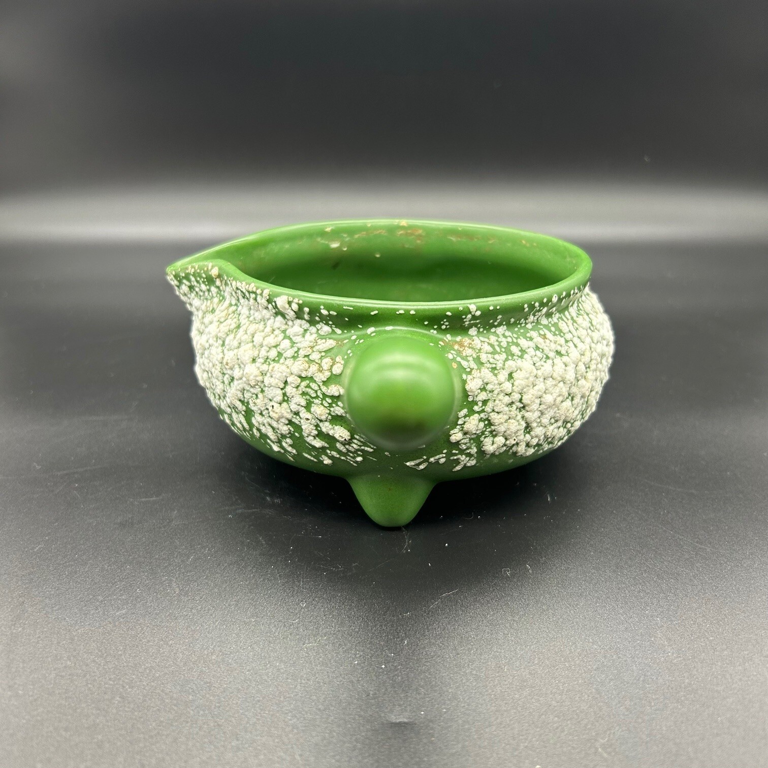 Vtg Green Lava Glaze Stoneware MCM Cauldron Bowl Sauce Dish Footed ...