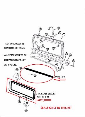 FITS JEEP WRANGLER YJ 87-95 WINDSHIELD FRAME COWL & GLASS SEALS 4PC Kit ...