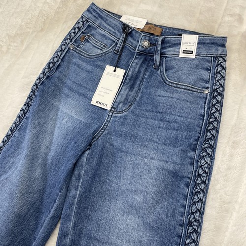 Judy Blue High Rise Med Wash Side Braid Cropped Wide Leg Jeans Sz 1/25 ...