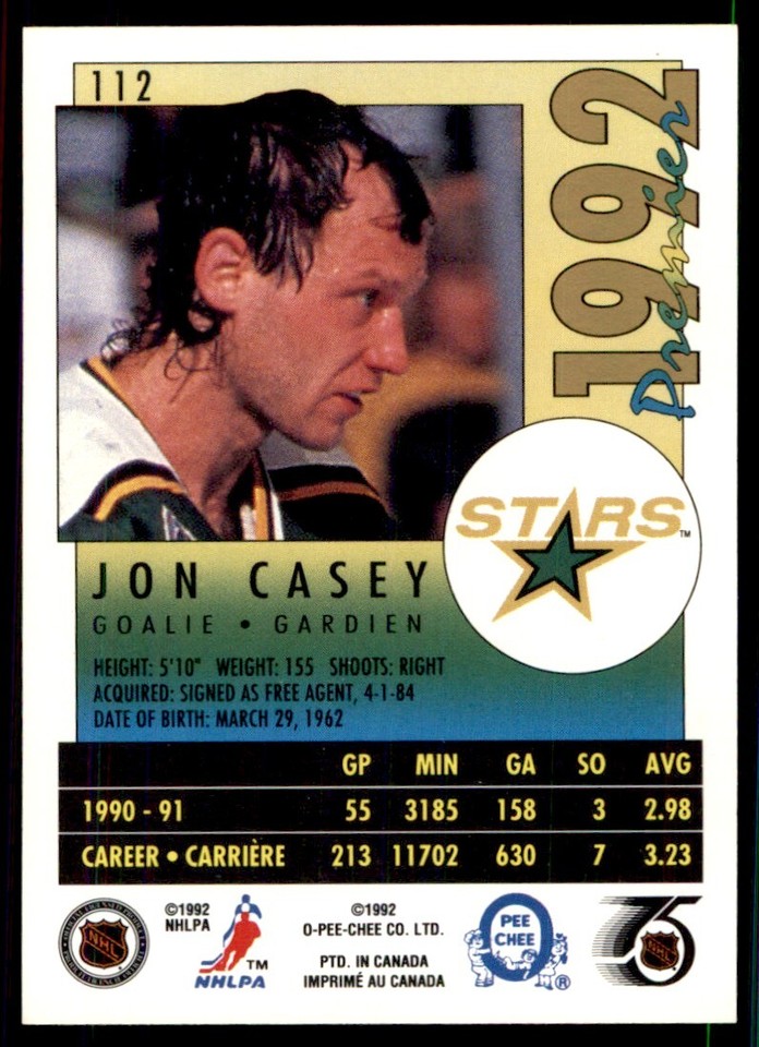 1991-92 O-Pee-Chee Premier Jon Casey Minnesota North Stars #112 | eBay