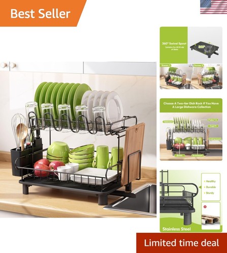 Elegant Black Dish Drainer with Integrated Drain Board - 2 Tier Kitchen ...