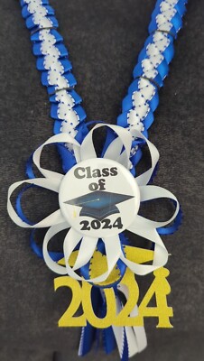 Graduation Ribbon lei w/ rosette & Button 2025 feather royal blue ...