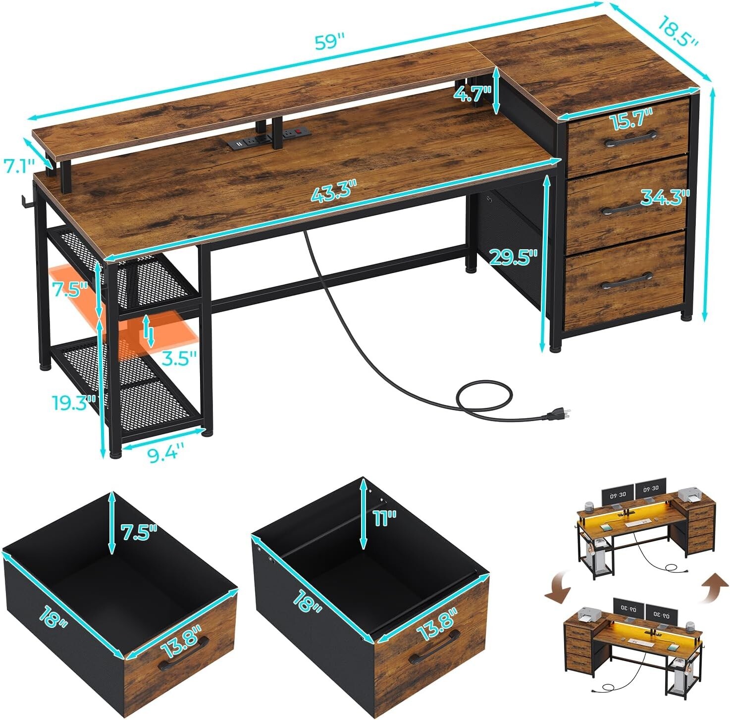59" Office Desk with Drawers, Reversible Computer Desk with LED Lights ...