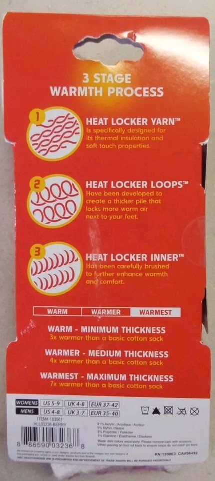 Heat Lockers Warmest Thermal Sock Men's 4-8 Women's 5-9 White/Berry ...