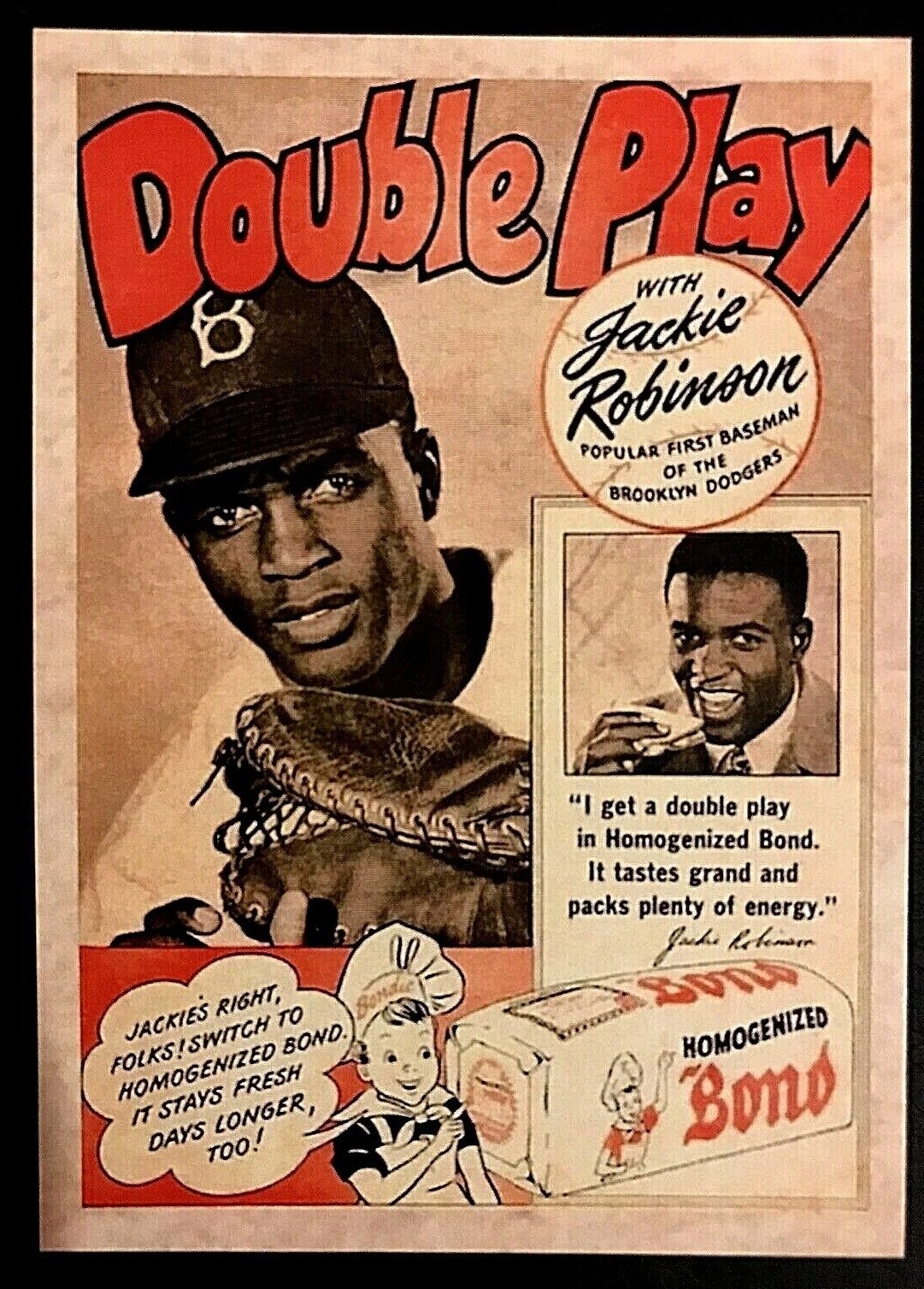 Jackie Robinson Brooklyn Dodgers Bond Bread RP AD Promo Card Brooklyn ...