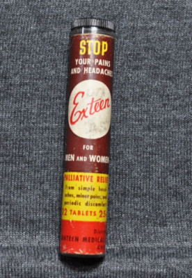 "Exteen" brand Asprin, Acetophenetidin & Caffeine Glass Tube w/ Plastic ...