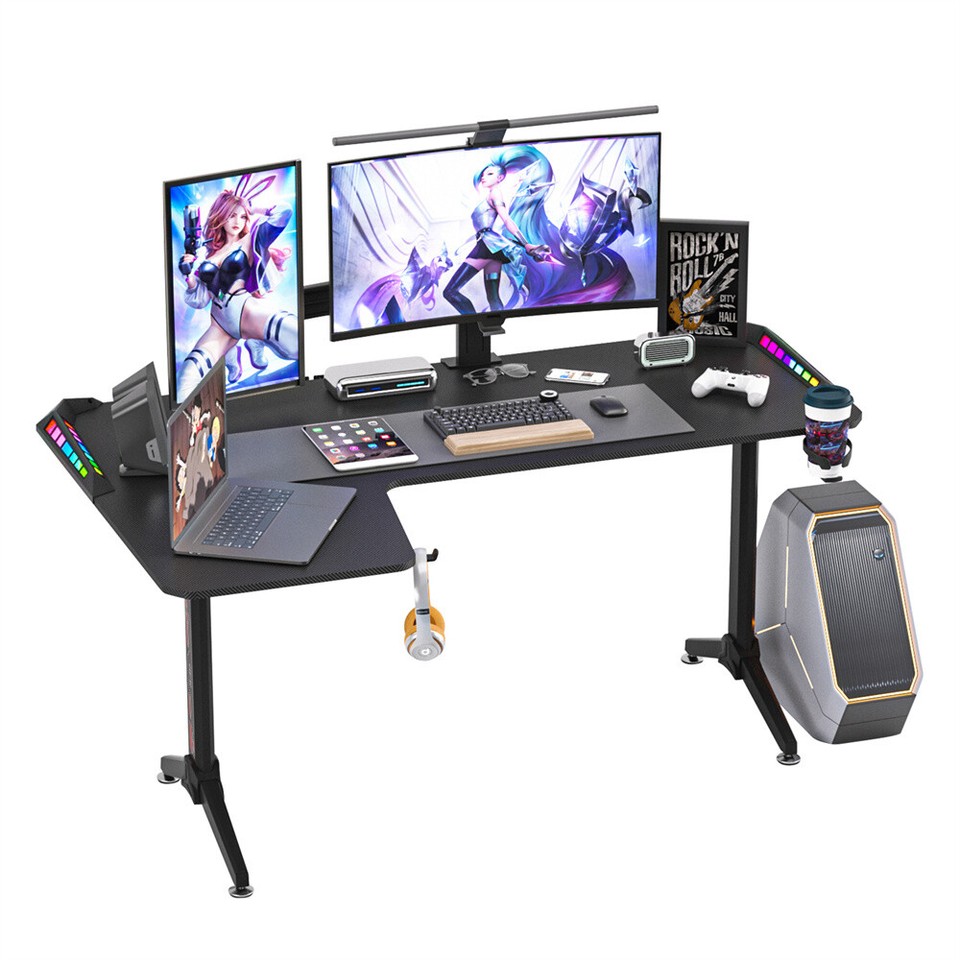 XXL LED Computer Gaming Desk Solid Steel Frame Straight Thick Plate ...