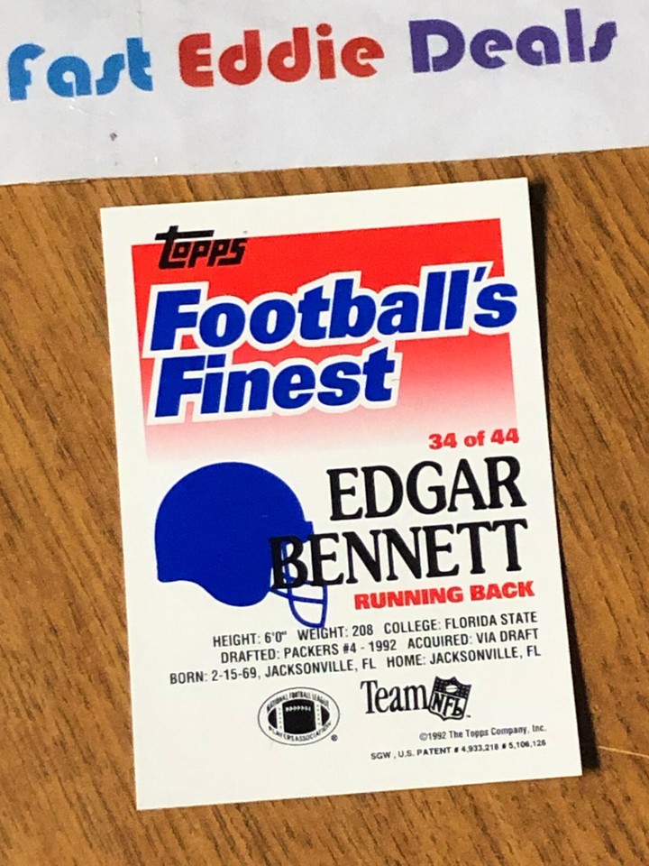 1992 TOPPS NFL FOOTBALL'S FINEST EDGAR BENNETT INSERT CARD 34 OF 44 ...