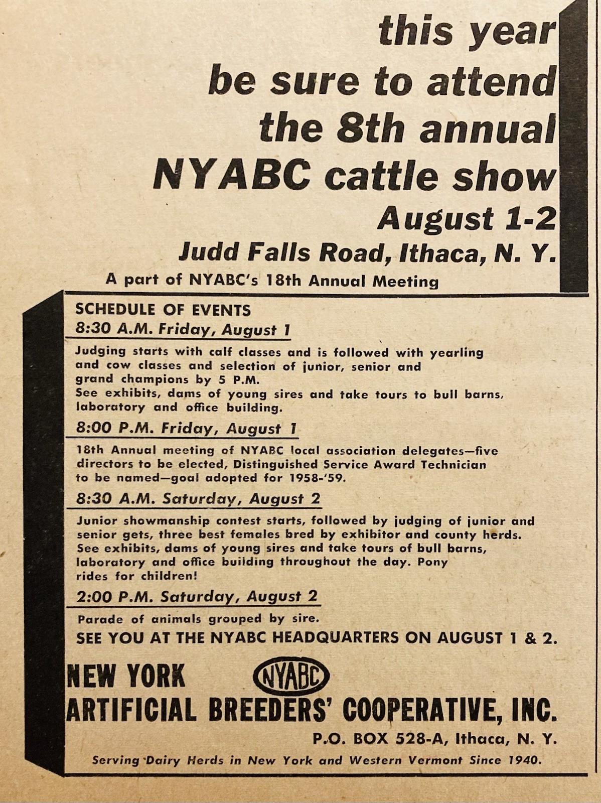 1958 AD.(XH85)~NY ARTIFICIAL BREEDERS’ CO-OP, INC. ITHACA, NY. NYABC ...