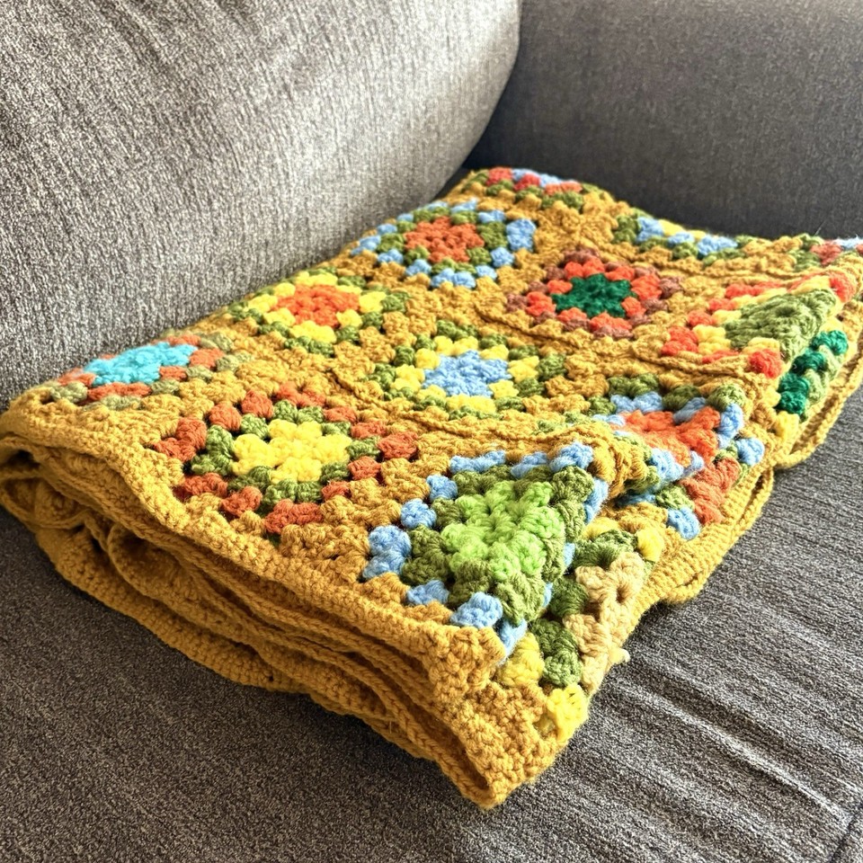 Vintage 70s Handmade Groovy Granny Square Warm Toned Colorful Afghan | eBay