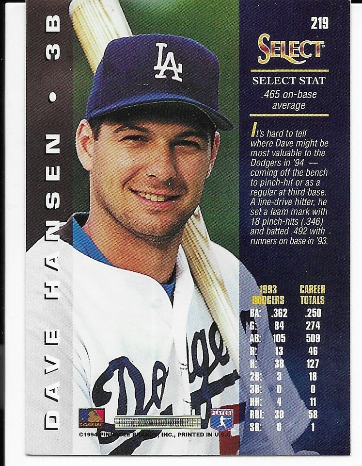 1994 Select Baseball Card #219 Dave Hansen DODGERS NM | eBay