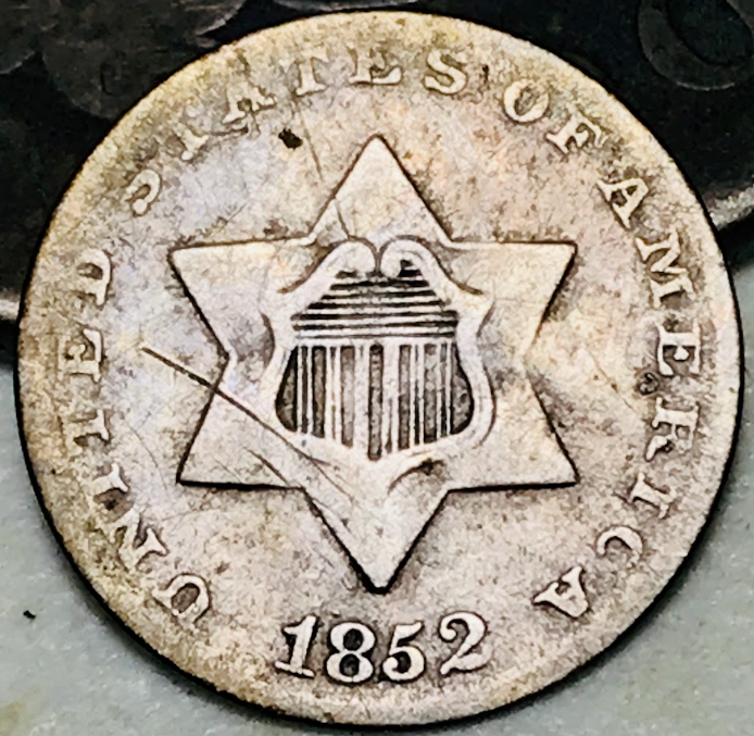 1852 Three Cent Silver Piece Trime 3c Type 1 Ungraded US Coin CC23503 ...