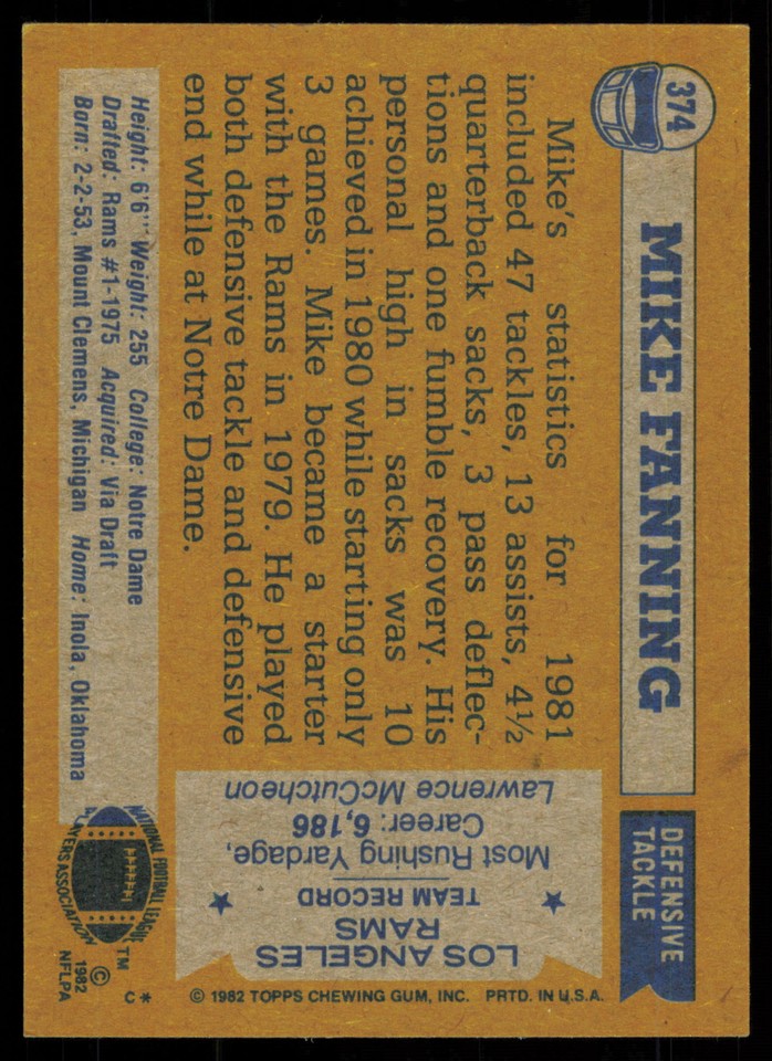 1982 Topps Football #374 Mike Fanning RC Los Angeles Rams | eBay