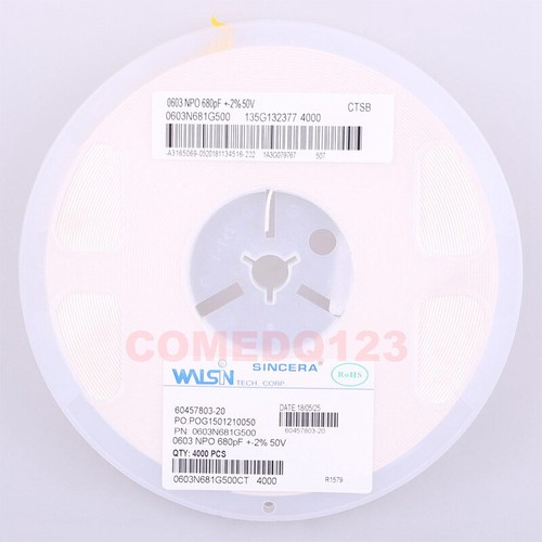 4000PCS/Reel 0603 680pF 50V NPO/C0G ±2% 0603N681G500CT Walsin Ceramic ...