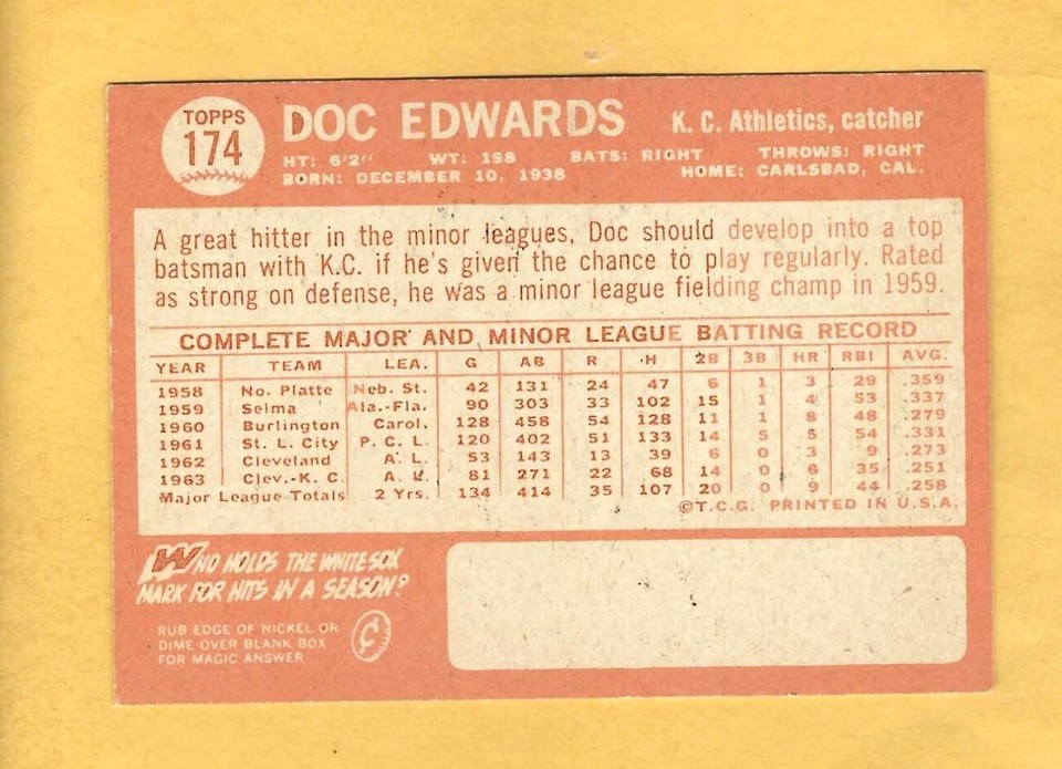 1964 topps # 174 DOC EDWARDS kansas city athletics catcher EX+ | eBay