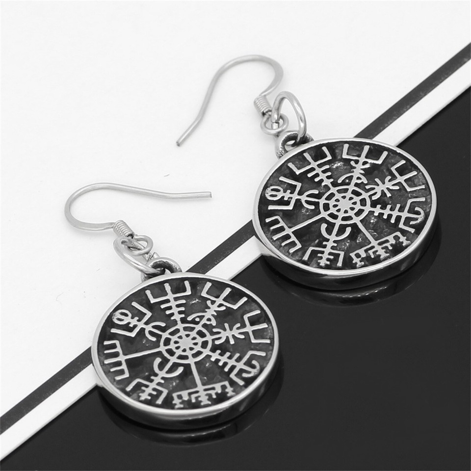 Nordic Viking Rune Compass Mjolnir Valknut Drop Hook Earrings Stainless ...