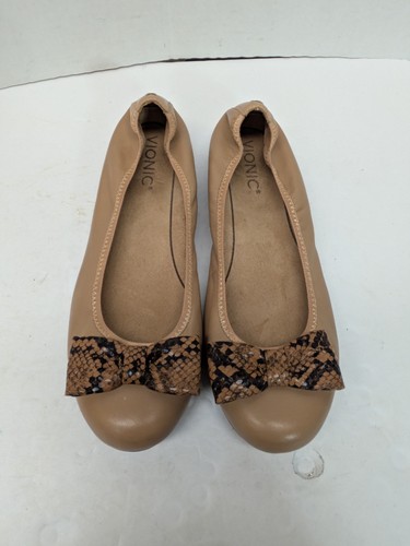 Vionic Women’s Zelda Tan Snake Print Bow Ballet Flats Size 8 Slip On ...